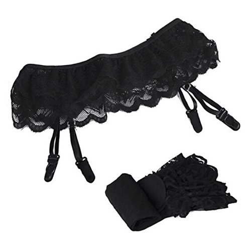 Top Belt Lace Thigh-Highs Stockings Garter Womens Suspender + Socks Green Lingerie Set Plus Size (Black, One Size)