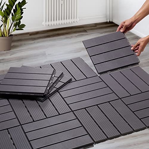 LYMJARD Outdoor Flooring, 9 Pack 12"x12" Plastic Patio Pavers, All Weather Interlocking Patio Tiles, Decking for Balcony Playhouse Porch Brownish Grey