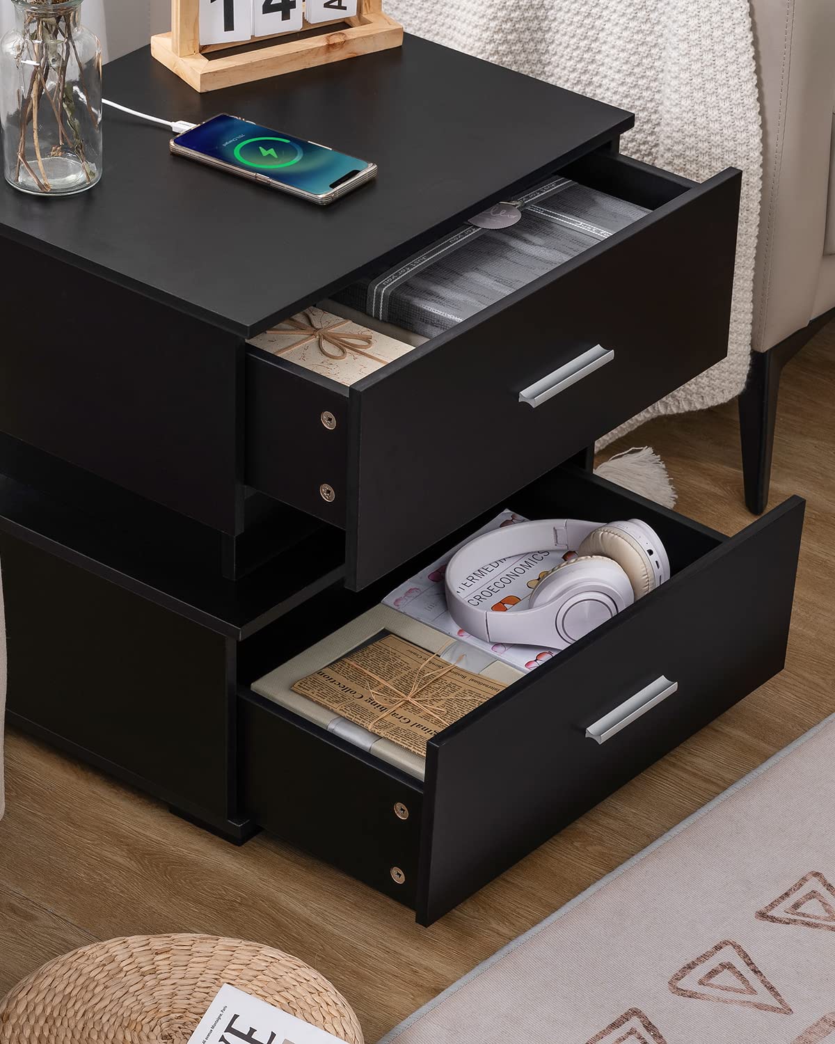 WEENFON Night Stands, LED nightstand with Charging Station, Bedside Table with 2 Wider and Deeper Drawers, Nightstand, Modern Design, End Side Table, Black