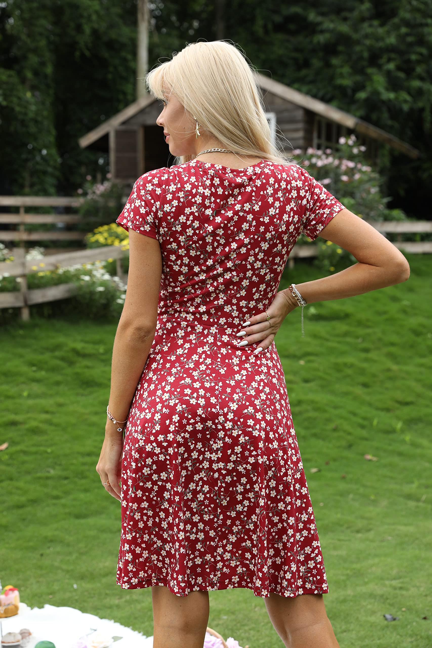 MicroStar Summer Casual Women Short Sleeve Round Neck A Line Fit and Flare Knee Length Skater Sun Dress