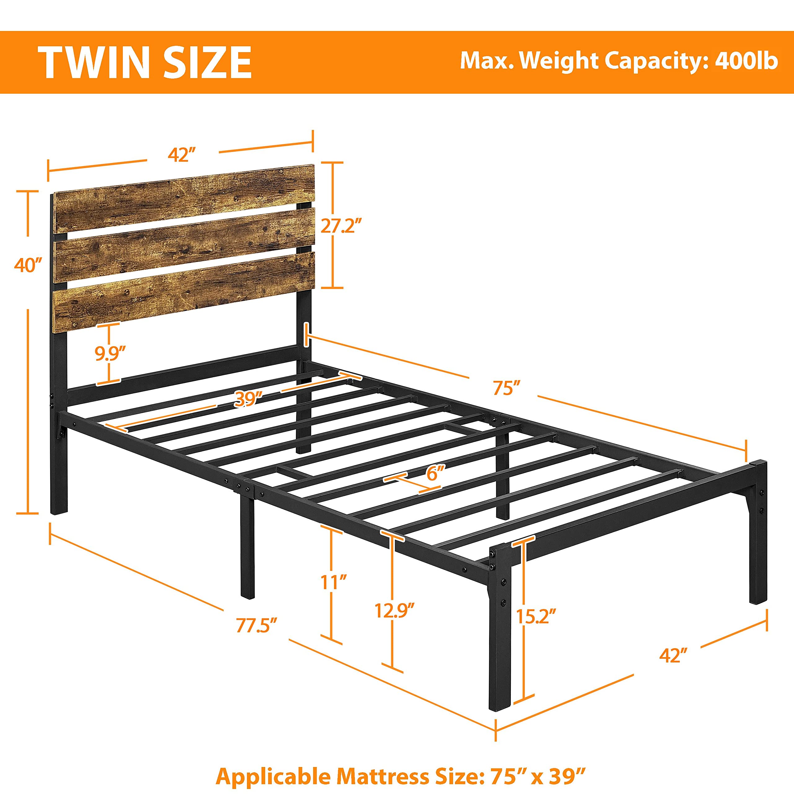 Yaheetech Twin Bed Frames Metal Bed with Modern Rustic Wooden Headboard, No Box Spring Needed/12'' Underbed Storage/Easy Assembly, Brown Twin Bed