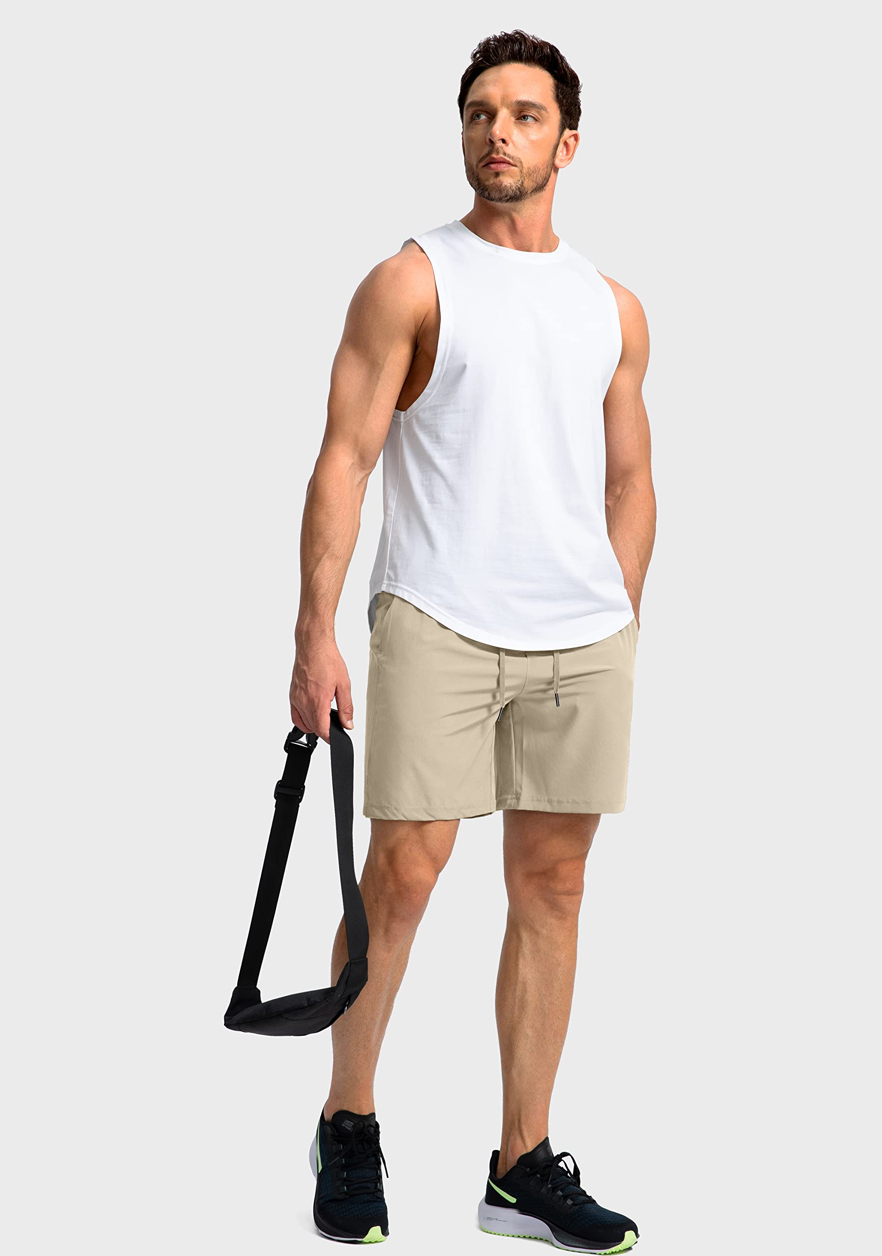 Men's Running Shorts with Zipper Pockets 7 Inch Lightweight Quick Dry Gym Athletic Workout Shorts for Men (Khaki, L)