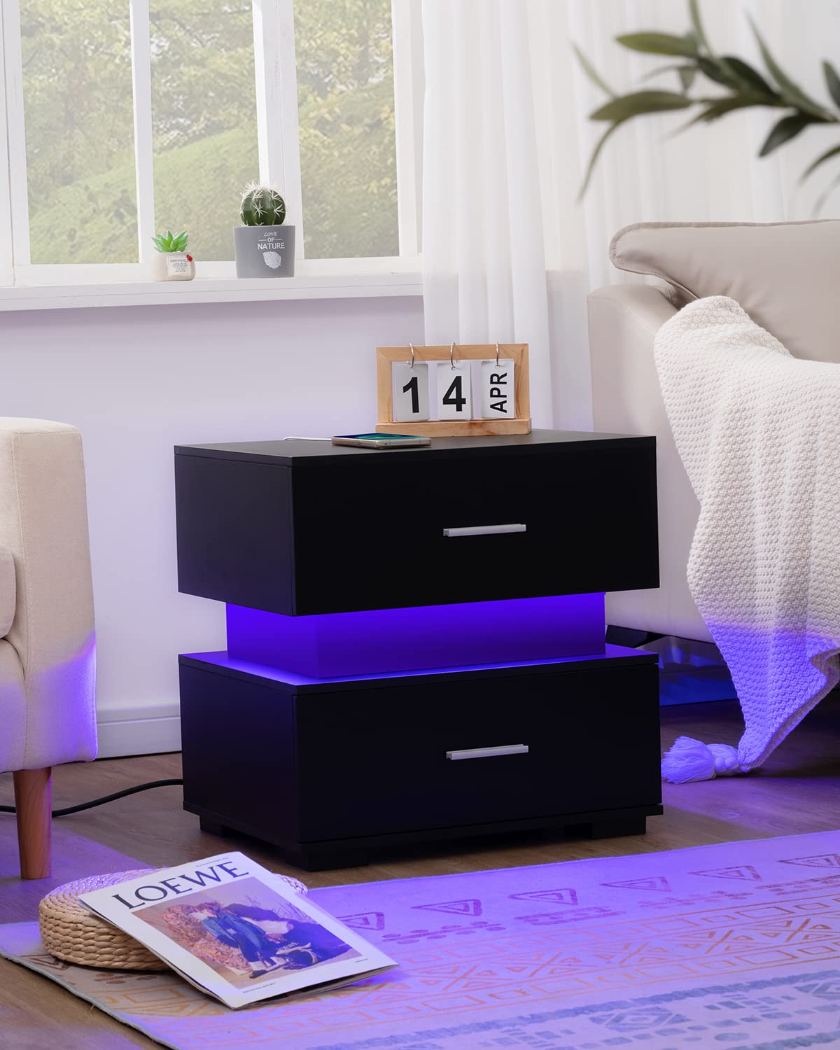 WEENFON Night Stands, LED nightstand with Charging Station, Bedside Table with 2 Wider and Deeper Drawers, Nightstand, Modern Design, End Side Table, Black