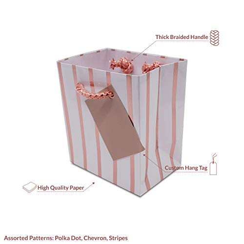 Rose Gold Gift Bags - 12 Pack Mini Metallic Paper Gift Bags with Handles, Chevron, Polka Dot & Stripe, Extra Small Gift Wrap Euro Totes for Birthday Parties, Weddings, Holidays Bulk - 4x4.5x2.75