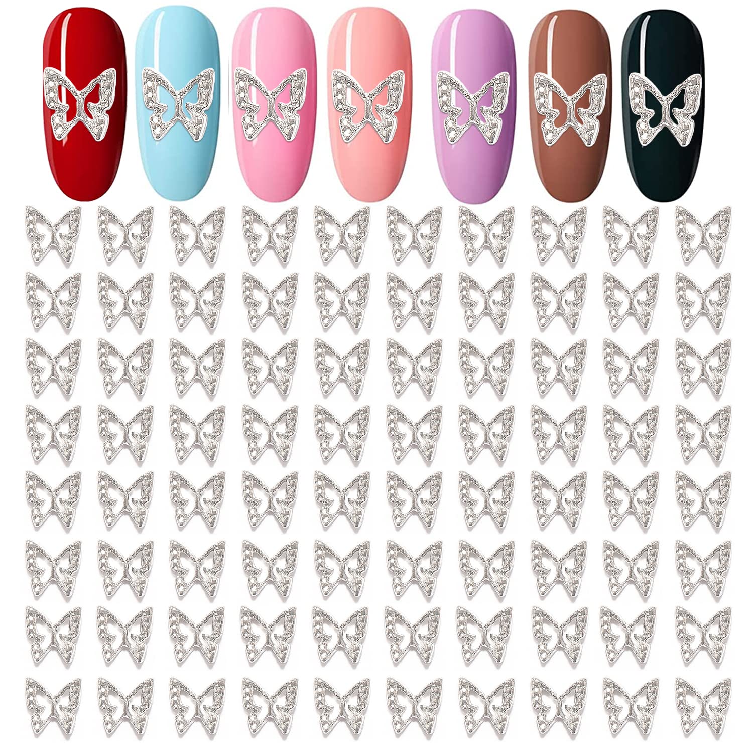 WOKOTO 100pcs Silver Butterfly Nail Charms For Acrylic Nails Butterfly Jewelrys 3d Nail Charms Nail Jewelry For Acrylic Nails Art 3d Butterfly Charms Silver Nail Studs Charms For Nails Designs