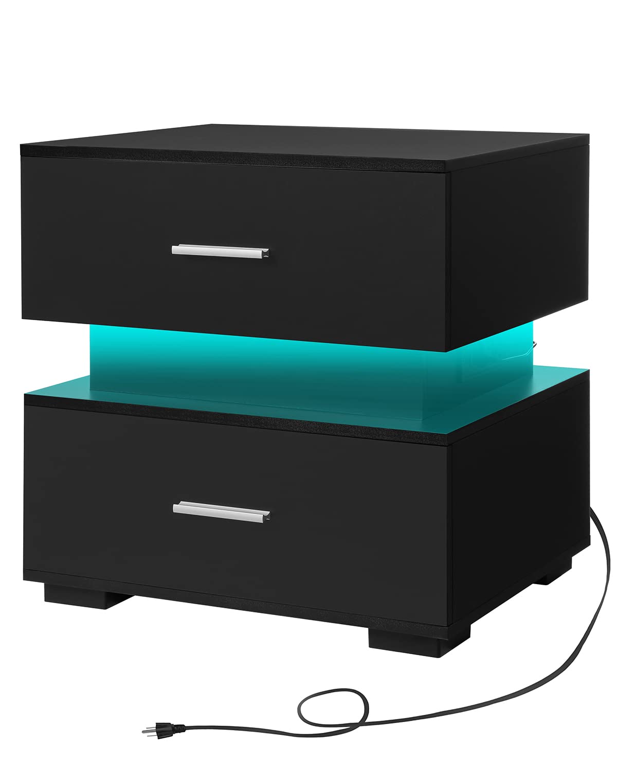 WEENFON Night Stands, LED nightstand with Charging Station, Bedside Table with 2 Wider and Deeper Drawers, Nightstand, Modern Design, End Side Table, Black