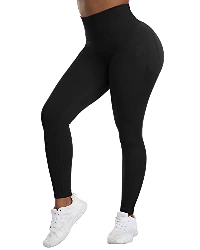 NORMOV 2 Piece Butt Lifting Workout Leggings for Women, Seamless Gym Scrunch Booty Lifting Sets(Black/Grey, XL)