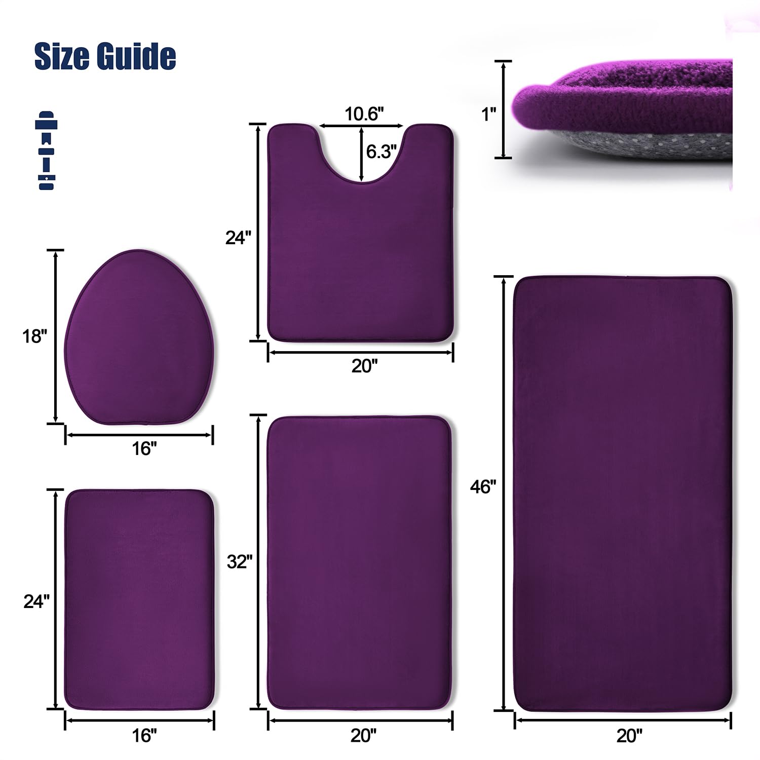 YIHOUSE Bathroom Rug Set 5 Piece, Memory Foam Bath Mat Set, Super Absorbent Bath Mats for Bathroom - Non-Slip & Washable Bath Rugs - Dry Quickly Bath Rugs, Purple