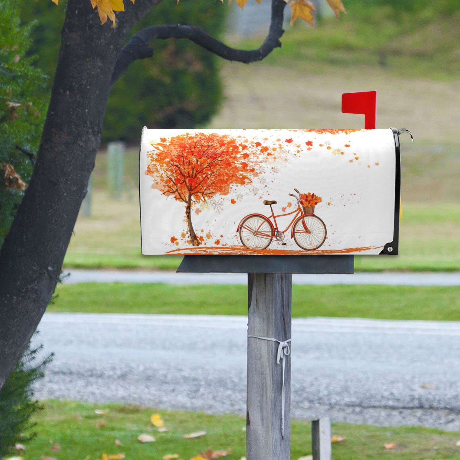 Vdsrup Maple Fall Autumn Mailbox Covers Magnetic Leaf Tree Bicycle Mailbox Cover Wraps Standard Size 18" X 20.7" Post Letter Box Cover Garden Decorations