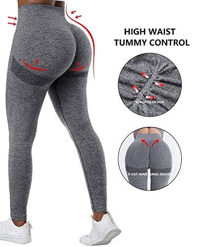 NORMOV 2 Piece Butt Lifting Workout Leggings for Women, Seamless Gym Scrunch Booty Lifting Sets(Black/Grey, XL)