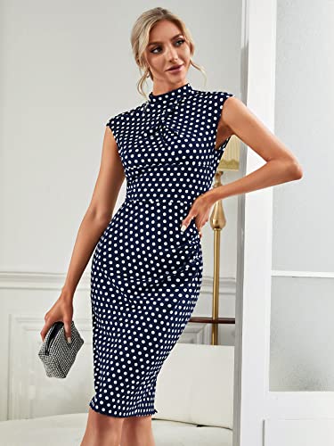 Miusol Women's Business Slim Style Ruffle Work Pencil Dress(X-Large, Navy Blue Polka Dot)