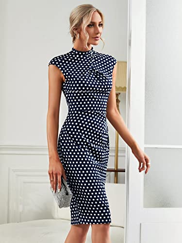 Miusol Women's Business Slim Style Ruffle Work Pencil Dress(X-Large, Navy Blue Polka Dot)