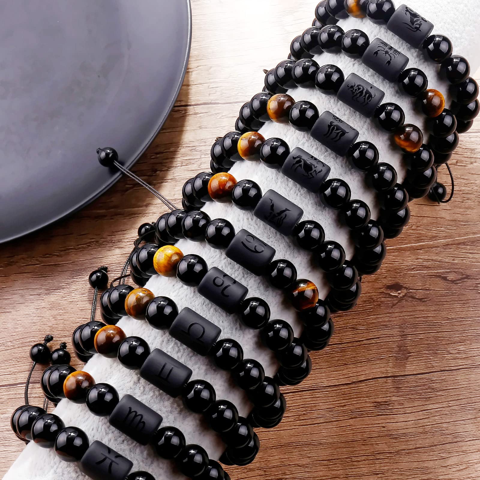 Zodiac Bracelet for Men Women 10mm Natural Black Onyx Stone Star Sign Constellation Horoscope Bracelet Gifts (Gemini)