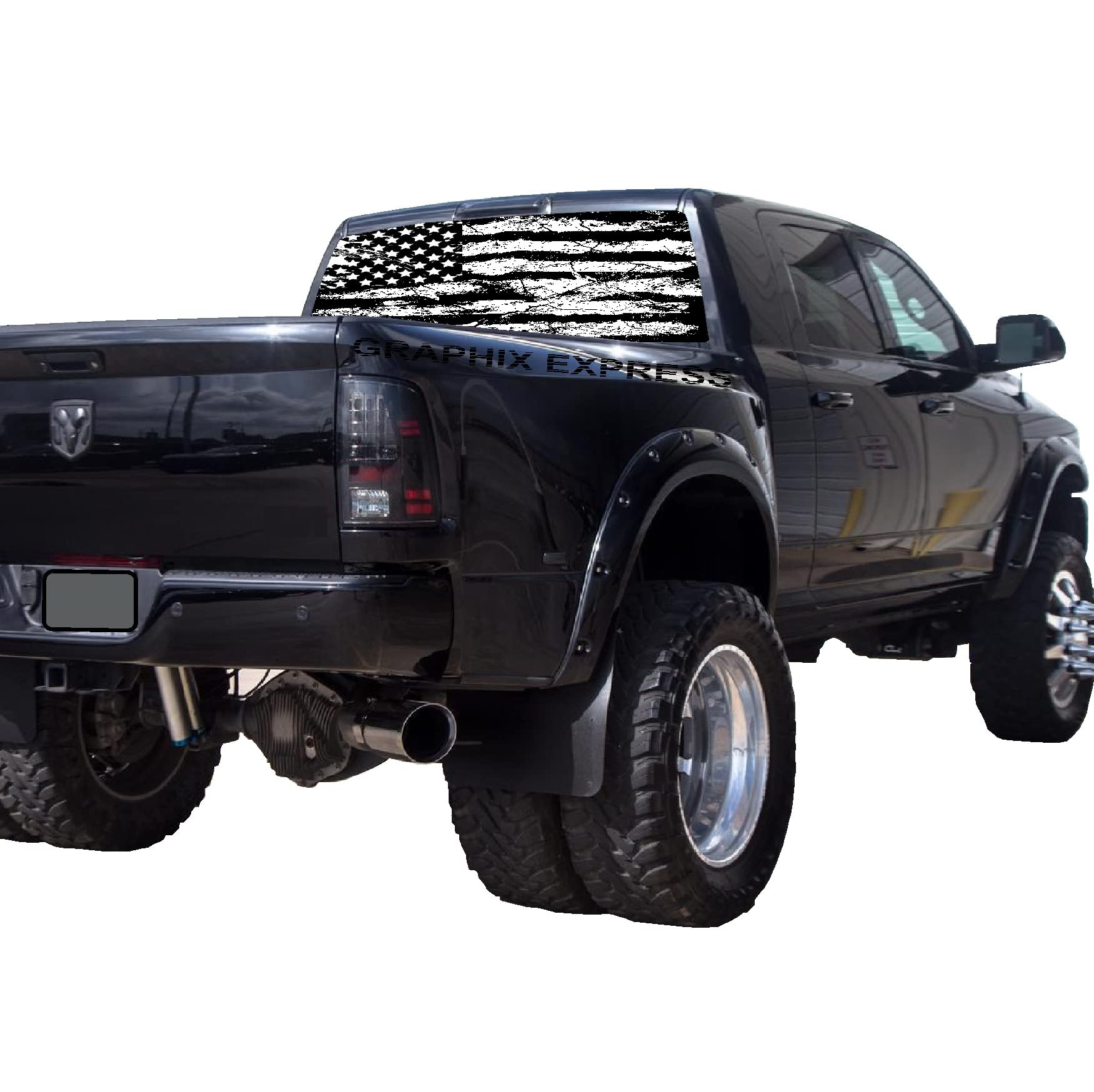 GRAPHIX EXPRESS Truck Back Window Graphics - Black and White American Flag Decal (P531 - Patriotic USA Flag - Universal See Through Rear Window Vinyl Wrap - Full Window Decals for Trucks