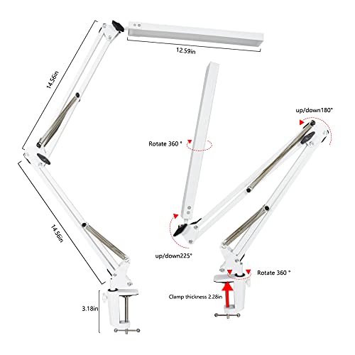 YUHU LED Desk Lamp, Metal Swing Arm Desk Lamp, with Fixture, Desk Lamp with clamp, 3 Color Modes, 10 Levels of Brightness, with Memory Function, Suitable for Home, Office, Reading (White)