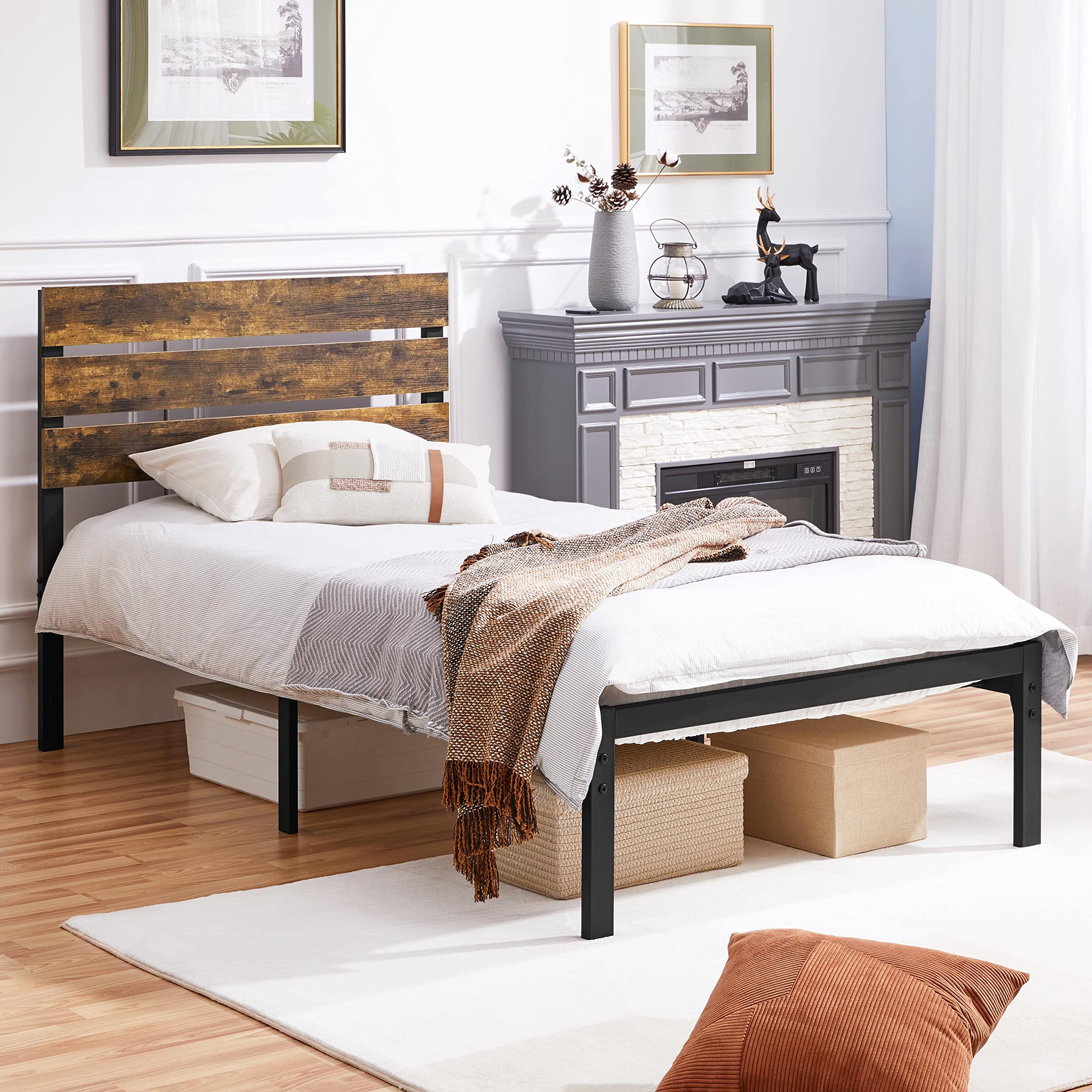 Yaheetech Twin Bed Frames Metal Bed with Modern Rustic Wooden Headboard, No Box Spring Needed/12'' Underbed Storage/Easy Assembly, Brown Twin Bed