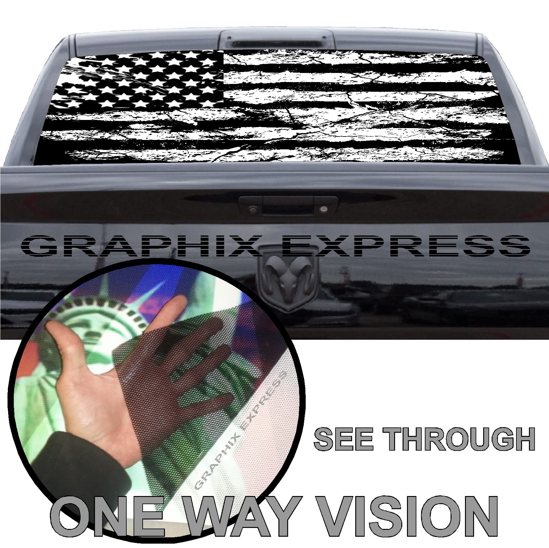 GRAPHIX EXPRESS Truck Back Window Graphics - Black and White American Flag Decal (P531 - Patriotic USA Flag - Universal See Through Rear Window Vinyl Wrap - Full Window Decals for Trucks