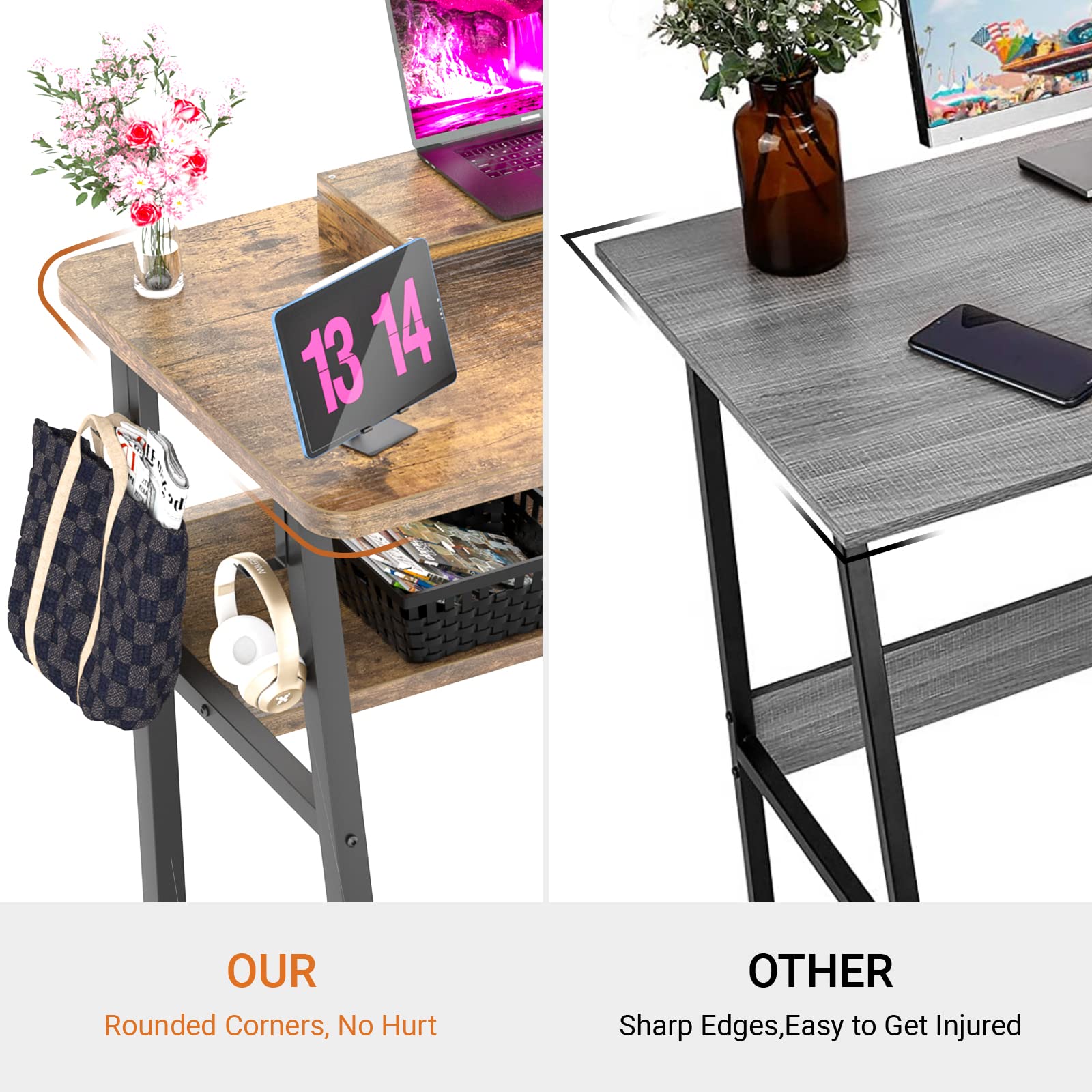 55 Inch Computer Desk, Desk with Monitor Stand, 55.2'' Office Laptop Table with Bookshelves, Study Writing Desk with Storage Bag and Hooks, Sturdy Desk for Home Office Workstation, Rustic