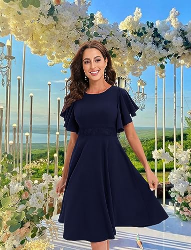 Gardenwed Navy Blue Women's Cocktail Dress Ruffle Short Sleeve A Line Swing Fit and Flare Midi Party Fall Dresses Navy M