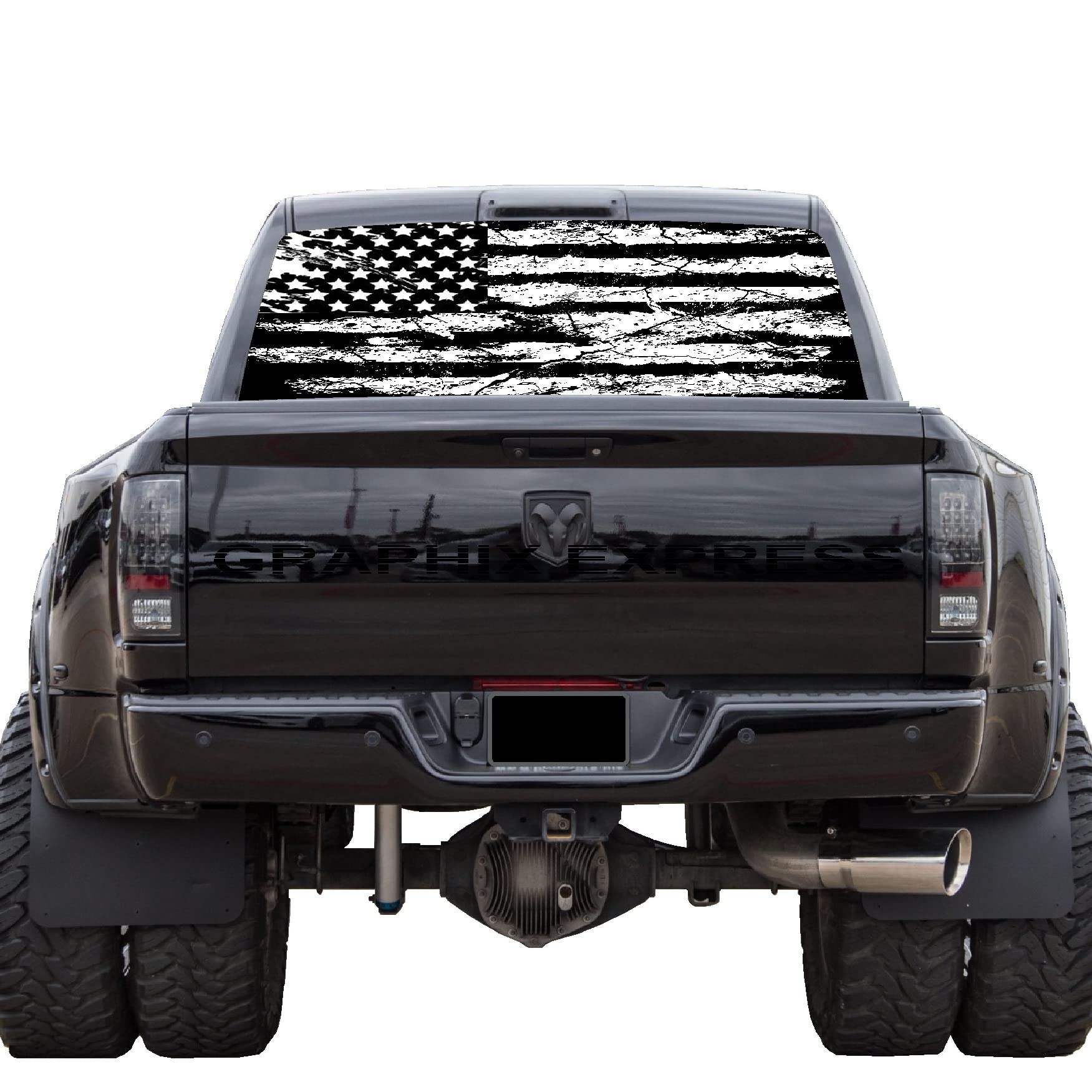 GRAPHIX EXPRESS Truck Back Window Graphics - Black and White American Flag Decal (P531 - Patriotic USA Flag - Universal See Through Rear Window Vinyl Wrap - Full Window Decals for Trucks