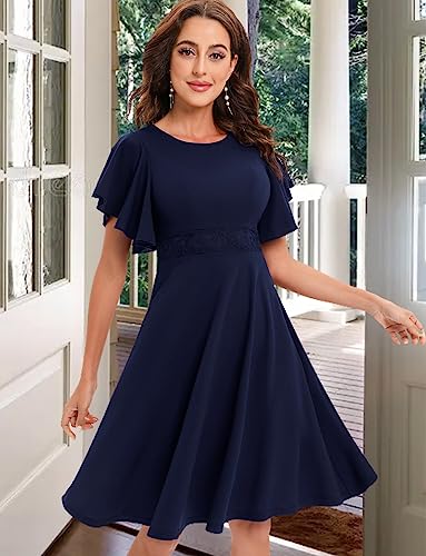 Gardenwed Navy Blue Women's Cocktail Dress Ruffle Short Sleeve A Line Swing Fit and Flare Midi Party Fall Dresses Navy M