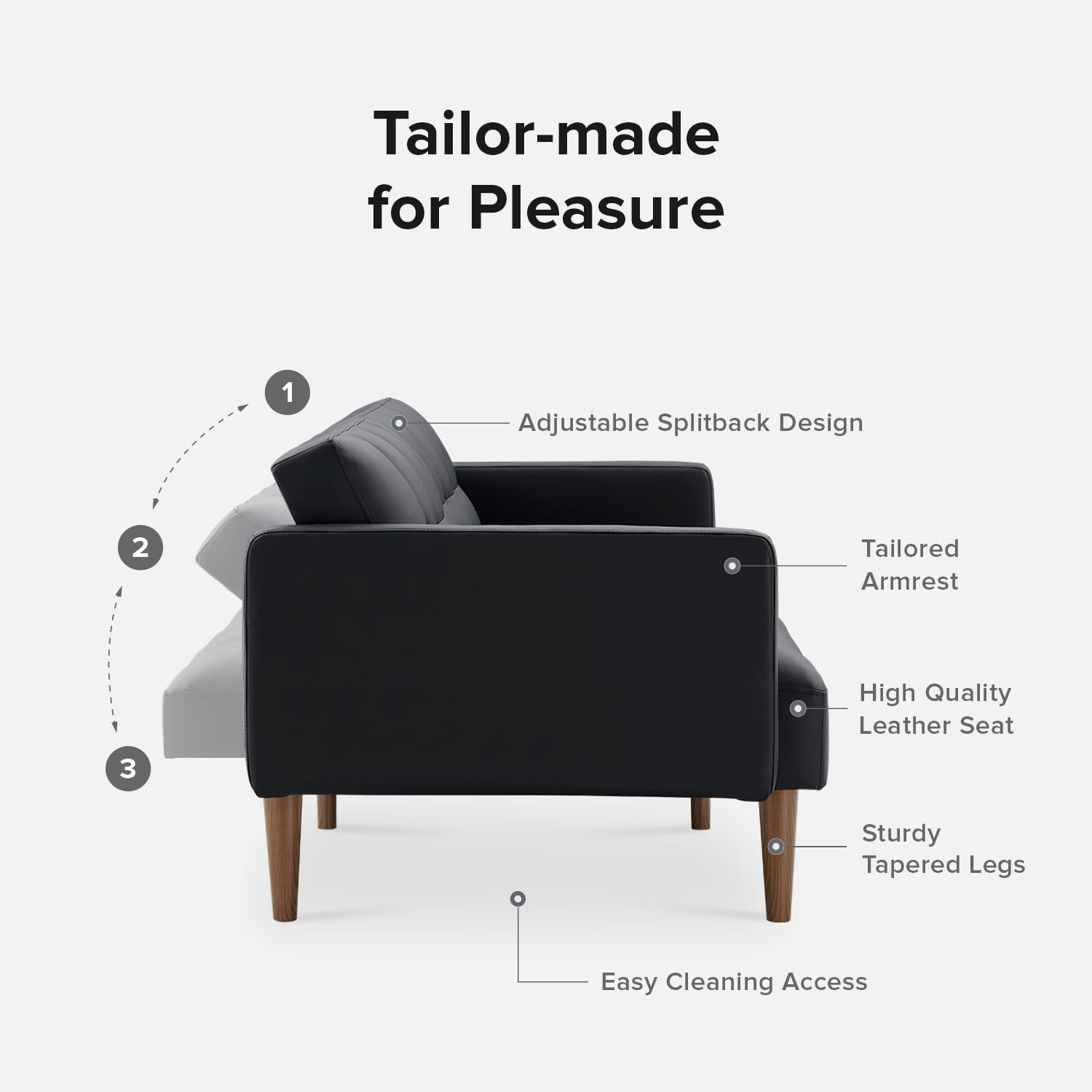 mopio Aaron 76.8" Couch, Small Futon Sofa Bed, Sleeper, Loveseat, Mid Century Modern Futon Couch, Sofa Cama, Couches for Living Room, Bedroom (Midnight Black, Faux Leather)
