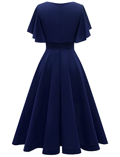 Gardenwed Navy Blue Women's Cocktail Dress Ruffle Short Sleeve A Line Swing Fit and Flare Midi Party Fall Dresses Navy M