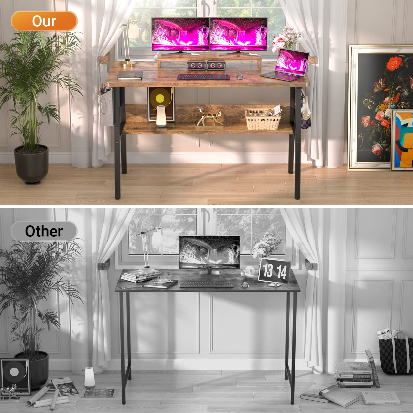 55 Inch Computer Desk, Desk with Monitor Stand, 55.2'' Office Laptop Table with Bookshelves, Study Writing Desk with Storage Bag and Hooks, Sturdy Desk for Home Office Workstation, Rustic