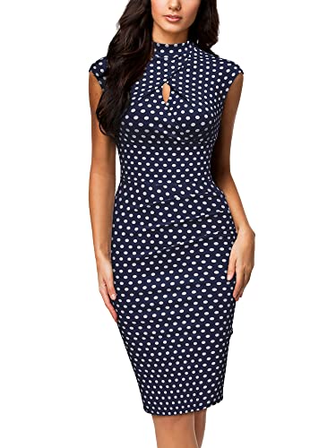 Miusol Women's Business Slim Style Ruffle Work Pencil Dress(X-Large, Navy Blue Polka Dot)