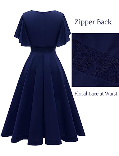 Gardenwed Navy Blue Women's Cocktail Dress Ruffle Short Sleeve A Line Swing Fit and Flare Midi Party Fall Dresses Navy M