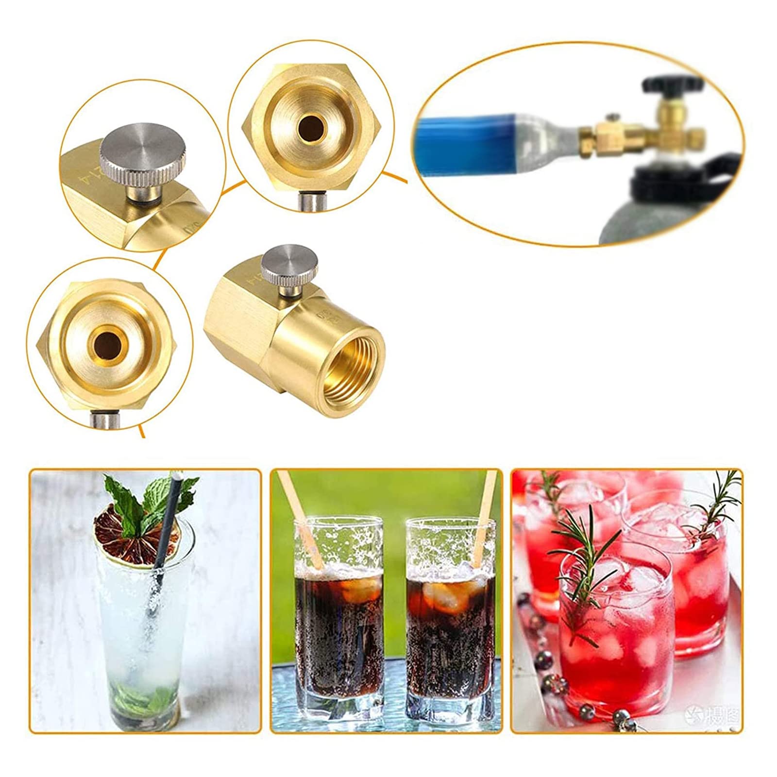 Farwind Home Use Soda Refill Bottle CO2 Cylinder Cartridges, Adapter Refills Connector Kit CGA320 to TR21-4, Thread Set Replacement Accessories for Soda Machine Tank, Gold