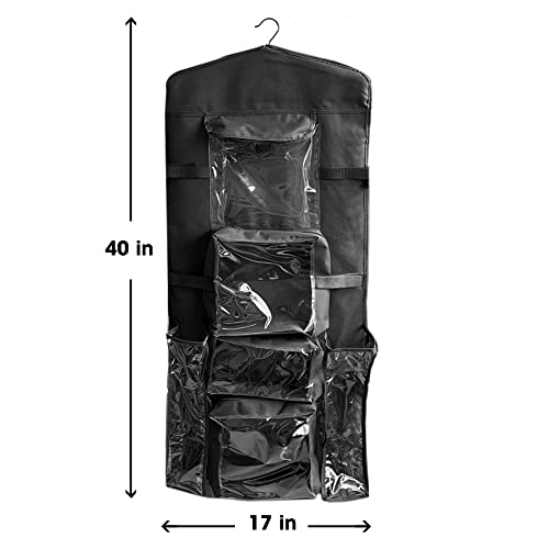 Hanging Gift Wrapping Paper Storage Organizer Bag, Double Sided Multiple Front & Back Pockets Organize Your Gift Wrap, Gift Bags Bows Ribbons 40"X17" Fits Long 40 Inch Rolls Clear PVC Bag (Full Black)