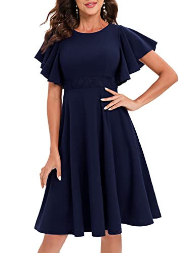 Gardenwed Navy Blue Women's Cocktail Dress Ruffle Short Sleeve A Line Swing Fit and Flare Midi Party Fall Dresses Navy M