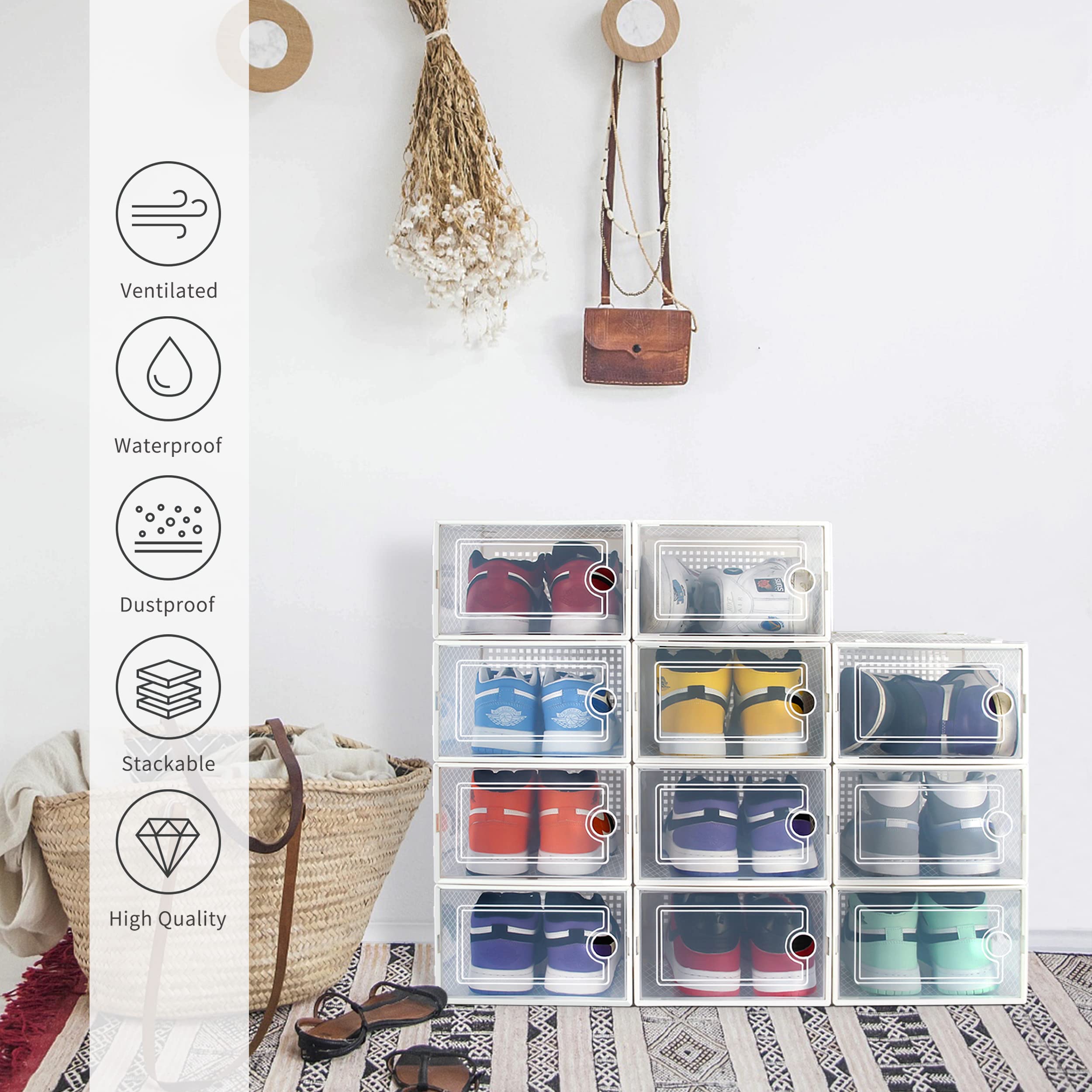 Hrrsaki 15 Pack Shoe Storage Boxes, Shoe Boxes Clear Plastic Stackable, Shoe Organizer Boxes with Front Opening Lids, Ventilation and Dust-proof, Shoe Container Boxes for Closet, Bedroom, Bathroom