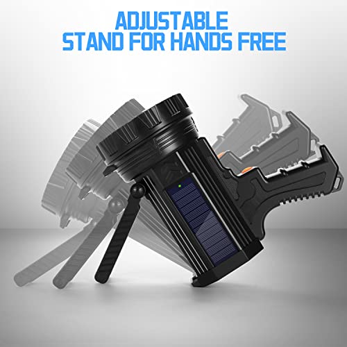 YIERBLUE Rechargeable Spotlight Flashlight with Solar Panels, 1000,000 High Lumen Outdoor Handheld Spot Lights and Flood Light, Foldable Stand and 3 Colors Lenses for Boating Hunting and Camping