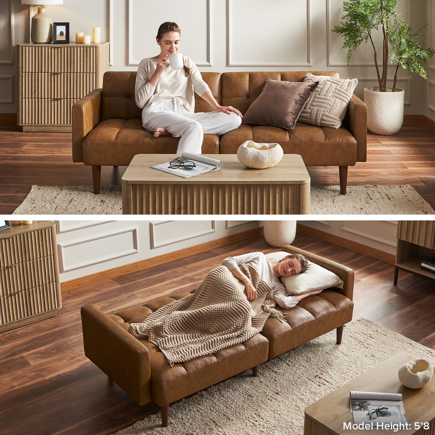 mopio Aaron 76.8" Couch, Small Futon Sofa Bed, Sleeper, Loveseat, Mid Century Modern Futon Couch, Sofa Cama, Couches for Living Room, Bedroom (Midnight Black, Faux Leather)