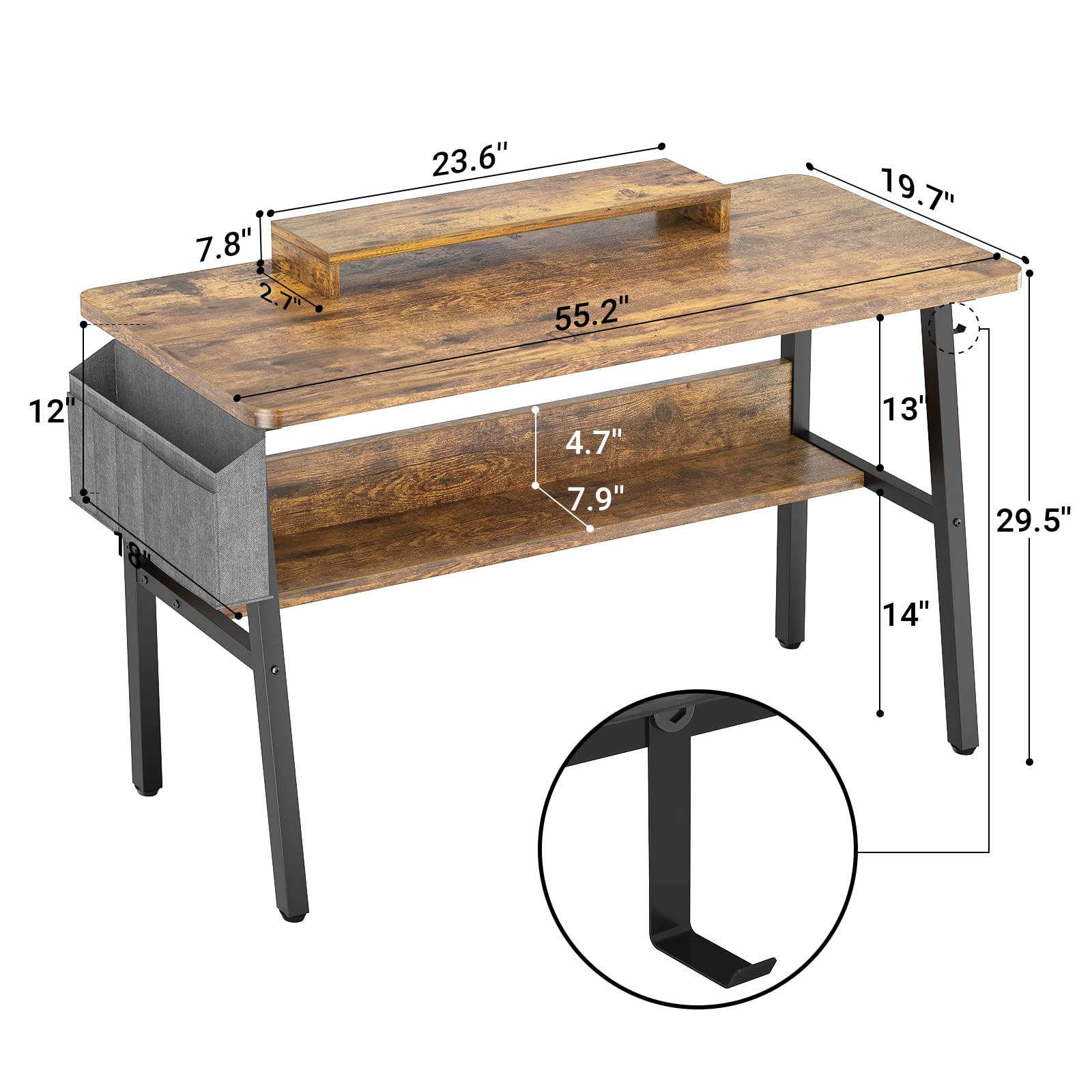 55 Inch Computer Desk, Desk with Monitor Stand, 55.2'' Office Laptop Table with Bookshelves, Study Writing Desk with Storage Bag and Hooks, Sturdy Desk for Home Office Workstation, Rustic
