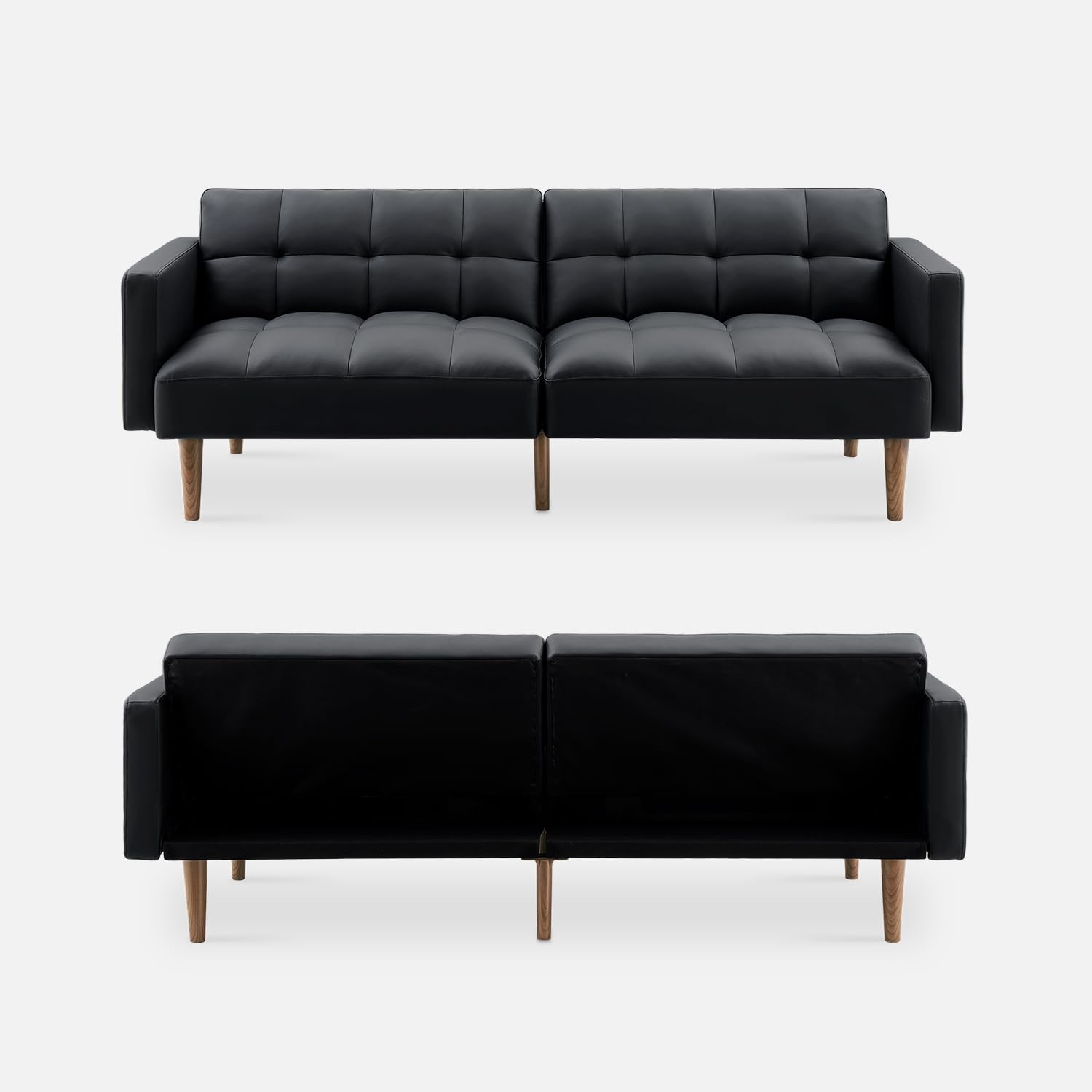 mopio Aaron 76.8" Couch, Small Futon Sofa Bed, Sleeper, Loveseat, Mid Century Modern Futon Couch, Sofa Cama, Couches for Living Room, Bedroom (Midnight Black, Faux Leather)