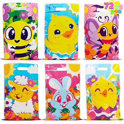 JOYIN 72 Pcs Easter Large Plastic Tote Bags, Easter Goodie Treat Gift Bags for Egg Hunt, Easter Kids Party Favor Party Supplies(Animals and Flowers)