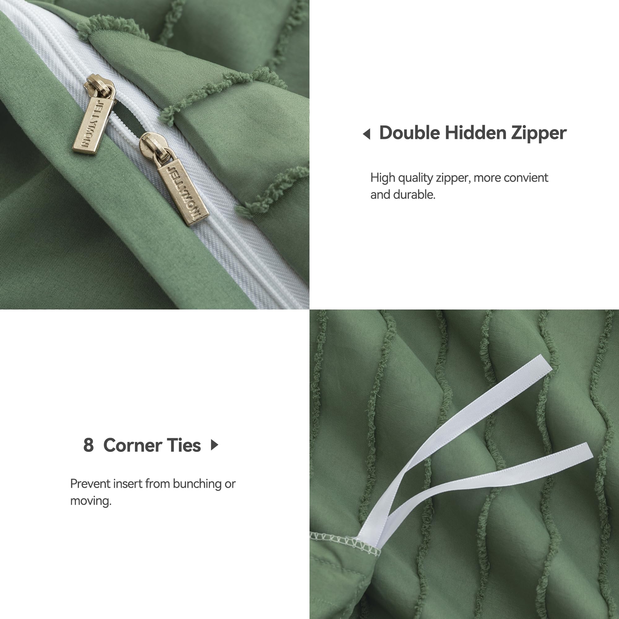 JELLYMONI Green Duvet Cover Queen Size - 3PCS Microfiber Tufted, Boho Striped, Textured Duvet Cover with Corner Ties & Zipper Closure