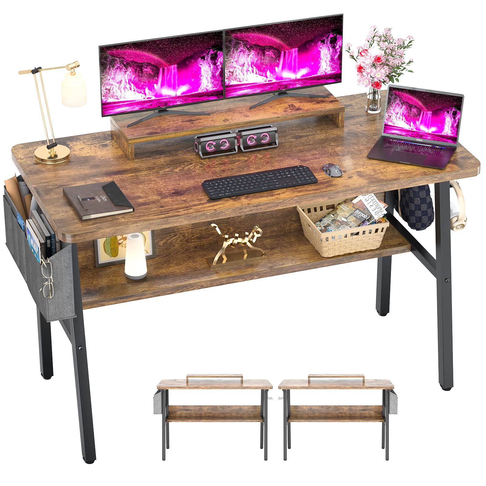 55 Inch Computer Desk, Desk with Monitor Stand, 55.2'' Office Laptop Table with Bookshelves, Study Writing Desk with Storage Bag and Hooks, Sturdy Desk for Home Office Workstation, Rustic