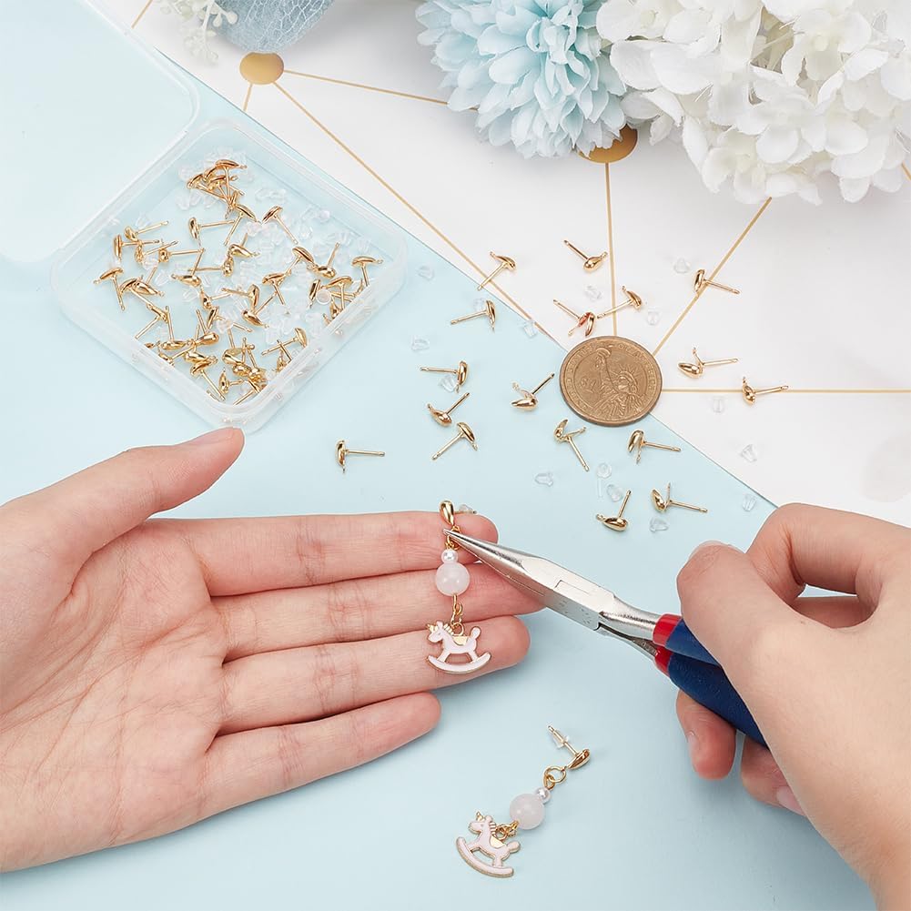 BENECREAT 80pcs 18K Gold Plated Brass Teardrop Earring Studs with 100pcs Plastic Ear Nuts for DIY Jewelry Making, Gold