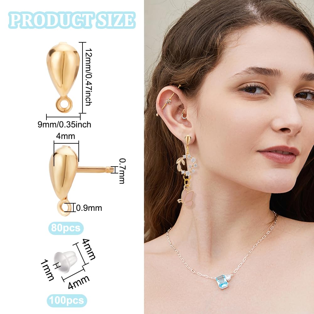 BENECREAT 80pcs 18K Gold Plated Brass Teardrop Earring Studs with 100pcs Plastic Ear Nuts for DIY Jewelry Making, Gold