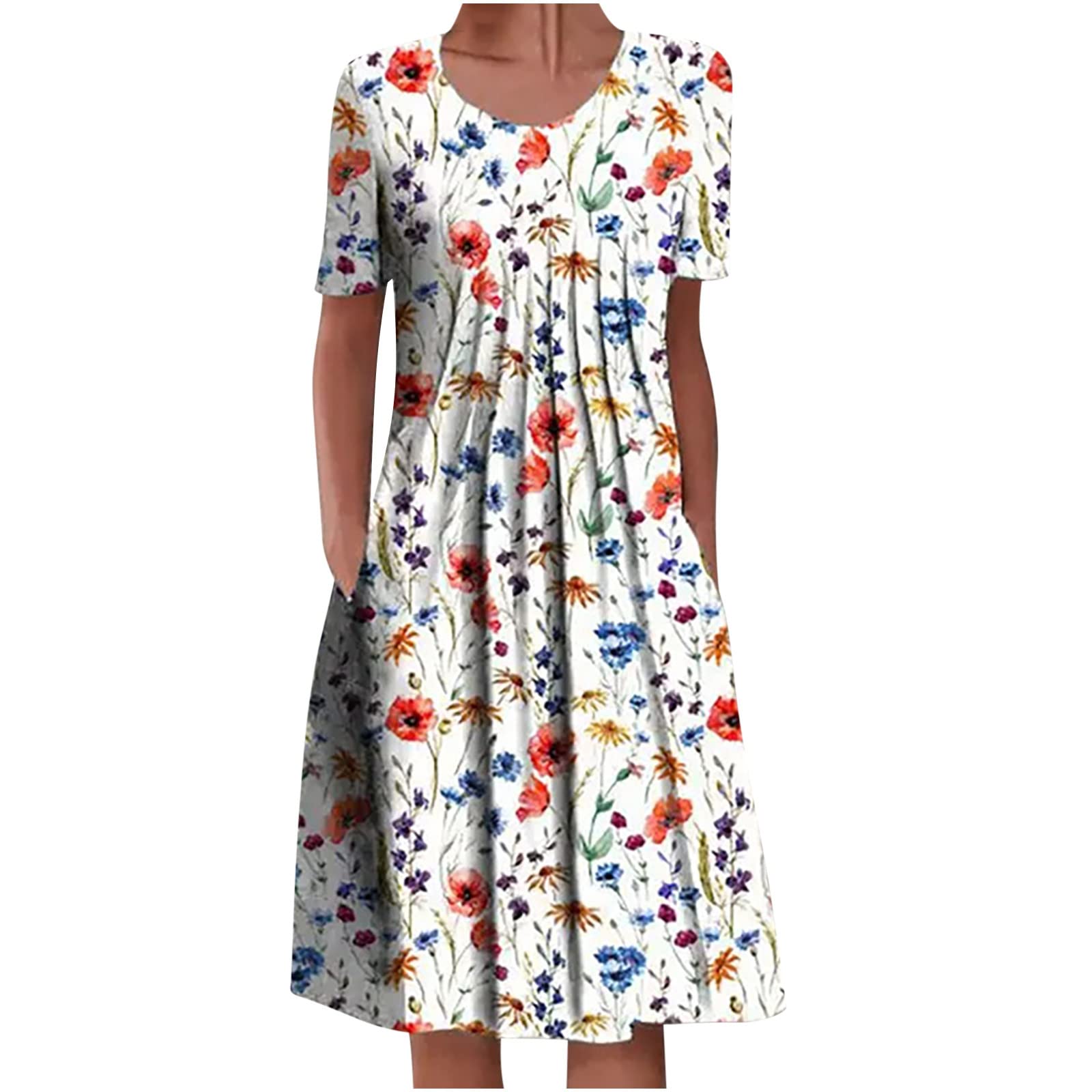 Floral Printed Casual Dress for Women Summer Crewneck Short Sleeve Swing Pleated Midi Dress Beach Party Sundress White