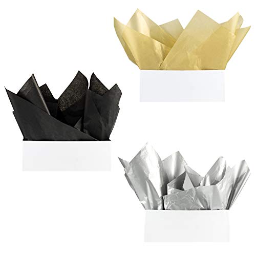 Whaline Metallic Tissue Paper GiftWrapping Paper, Large 20" x 28" for Home, Kitchen, Wine Bottles, DIY Art Craft, 60 Sheet(Gold, Silver and Black)