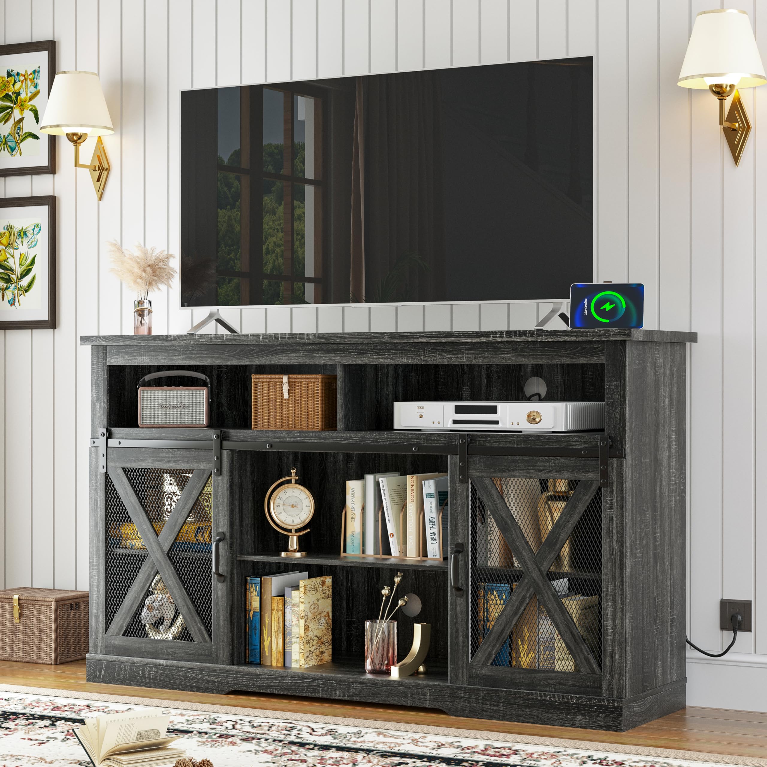 Xilingol Farmhouse TV Stand for 65+ Inch TVs, Tall TV Stands with Power Outlets, Tall Entertainment Center with Sliding Barn Door & Storage Shelves, 65" TV Stands for Living Room, Grey