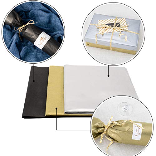 Whaline Metallic Tissue Paper GiftWrapping Paper, Large 20" x 28" for Home, Kitchen, Wine Bottles, DIY Art Craft, 60 Sheet(Gold, Silver and Black)