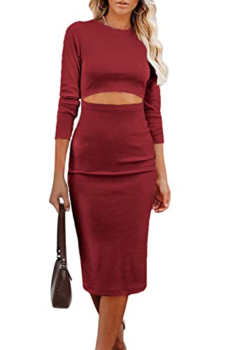 Uusollecy Women's Long Sleeve Cutout Dress, Sexy Bodycon Midi Dresses, Fall Dress for Women Knee Length Red X-Large