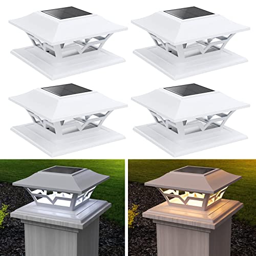 APONUO 4x4 Post Solar Lights 17 Lumens 1000mAh,Solar Post Cap Lights 2 Color Modes Fence Post Lights Solar Powered,Solar Post Lights Outdoor Waterproof for 4x4,6x6 Post Caps Wood,White,4 Pack
