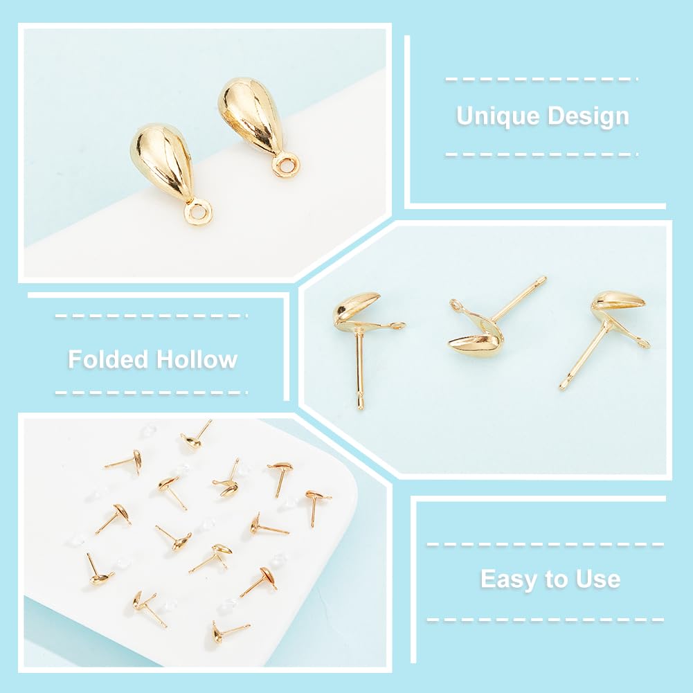 BENECREAT 80pcs 18K Gold Plated Brass Teardrop Earring Studs with 100pcs Plastic Ear Nuts for DIY Jewelry Making, Gold